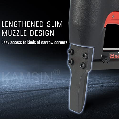 KAMSIN #7116L 22 Gauge Pneumatic Upholstery Stapler, 71 Series 3/8-Inch Crown Long Nose Air Power Fine Wire Staple Gun, 1/4-Inch to 5/8-Inch Leg Length Furniture Stapler for Fabric, Upholstering