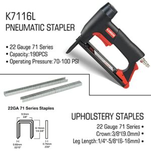 KAMSIN #7116L 22 Gauge Pneumatic Upholstery Stapler, 71 Series 3/8-Inch Crown Long Nose Air Power Fine Wire Staple Gun, 1/4-Inch to 5/8-Inch Leg Length Furniture Stapler for Fabric, Upholstering