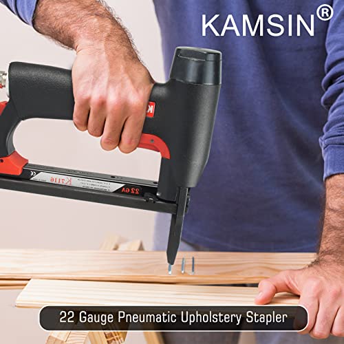 KAMSIN #7116L 22 Gauge Pneumatic Upholstery Stapler, 71 Series 3/8-Inch Crown Long Nose Air Power Fine Wire Staple Gun, 1/4-Inch to 5/8-Inch Leg Length Furniture Stapler for Fabric, Upholstering