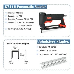 KAMSIN K7116 22 Gauge Pneumatic Upholstery Staple Gun 3/8-Inch Crown 71 Series Air Power Fine Wire Stapler 1/4-Inch to 5/8-Inch Leg Length Upholstery Stapler Furniture Stapler for Fabric, Upholstering