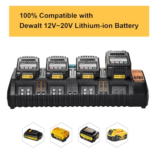 Hipoke DCB104 20V MAX Dewalt Battery Charger, 4-Ports Rapid Charger Replacement for DCB102 DCB102BP DCB104 DCB118, Compatible with Dewalt Lithium-ion Battery DCB206 DCB205 DCB204 DCB203 DCB201 DCB120