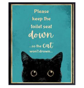 put the toilet seat down sign - cat bathroom decor - bath wall decor - funny bathroom wall art - blue bathroom decorations for women, kitty, kitten fan - powder room - restroom sign - guest bathroom