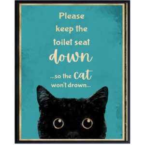 Put The Toilet Seat Down Sign - Cat Bathroom Decor - Bath Wall Decor - Funny Bathroom Wall Art - Blue Bathroom Decorations for Women, Kitty, Kitten Fan - Powder Room - Restroom Sign - Guest Bathroom