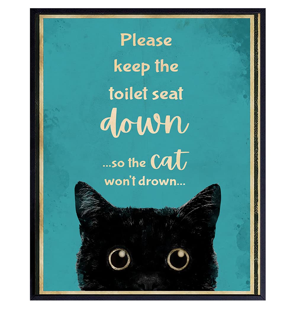 Put The Toilet Seat Down Sign - Cat Bathroom Decor - Bath Wall Decor - Funny Bathroom Wall Art - Blue Bathroom Decorations for Women, Kitty, Kitten Fan - Powder Room - Restroom Sign - Guest Bathroom