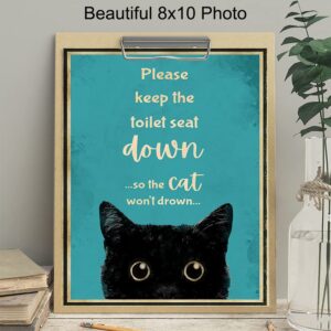 Put The Toilet Seat Down Sign - Cat Bathroom Decor - Bath Wall Decor - Funny Bathroom Wall Art - Blue Bathroom Decorations for Women, Kitty, Kitten Fan - Powder Room - Restroom Sign - Guest Bathroom