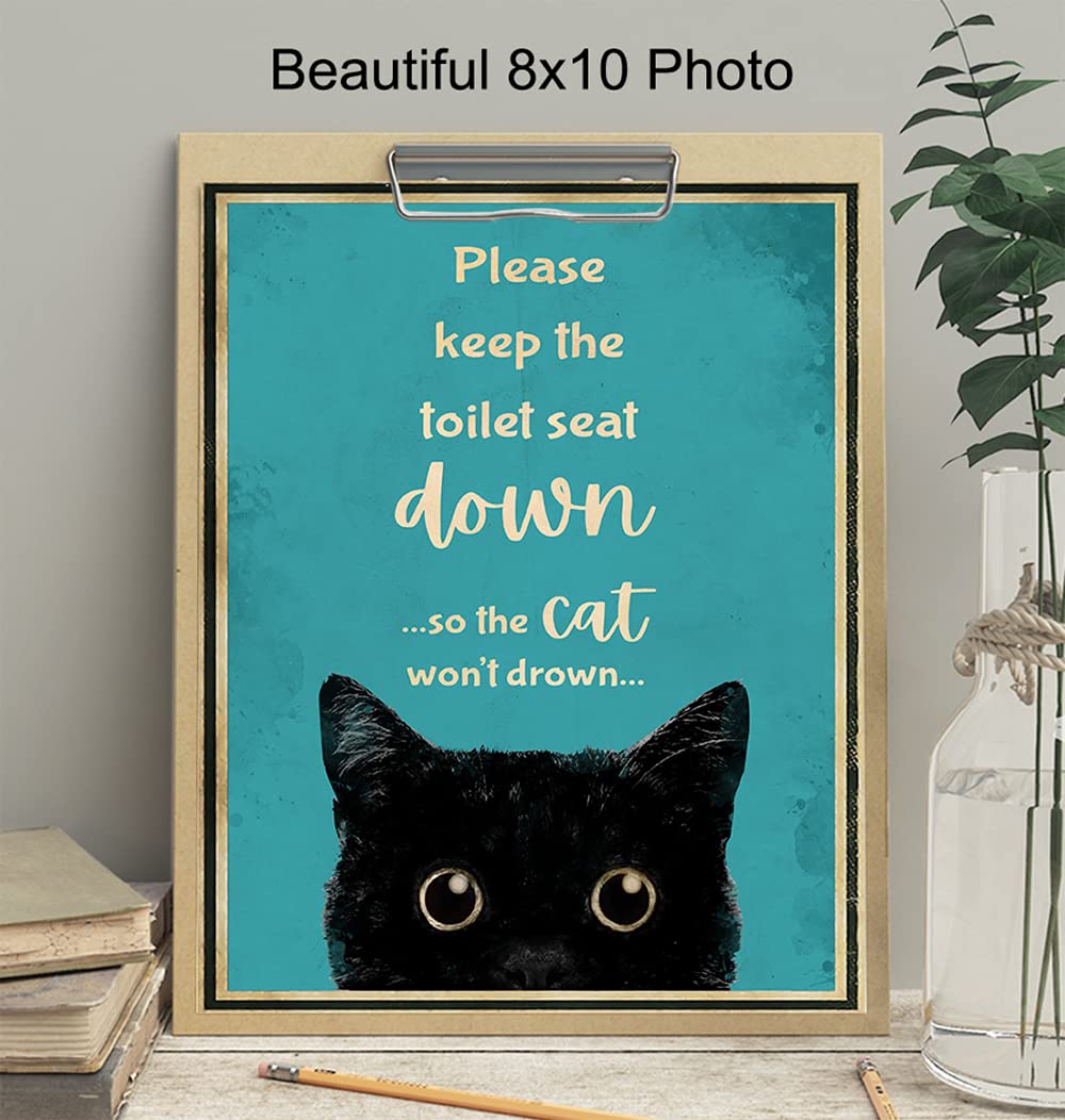 Put The Toilet Seat Down Sign - Cat Bathroom Decor - Bath Wall Decor - Funny Bathroom Wall Art - Blue Bathroom Decorations for Women, Kitty, Kitten Fan - Powder Room - Restroom Sign - Guest Bathroom