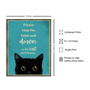 Put The Toilet Seat Down Sign - Cat Bathroom Decor - Bath Wall Decor - Funny Bathroom Wall Art - Blue Bathroom Decorations for Women, Kitty, Kitten Fan - Powder Room - Restroom Sign - Guest Bathroom