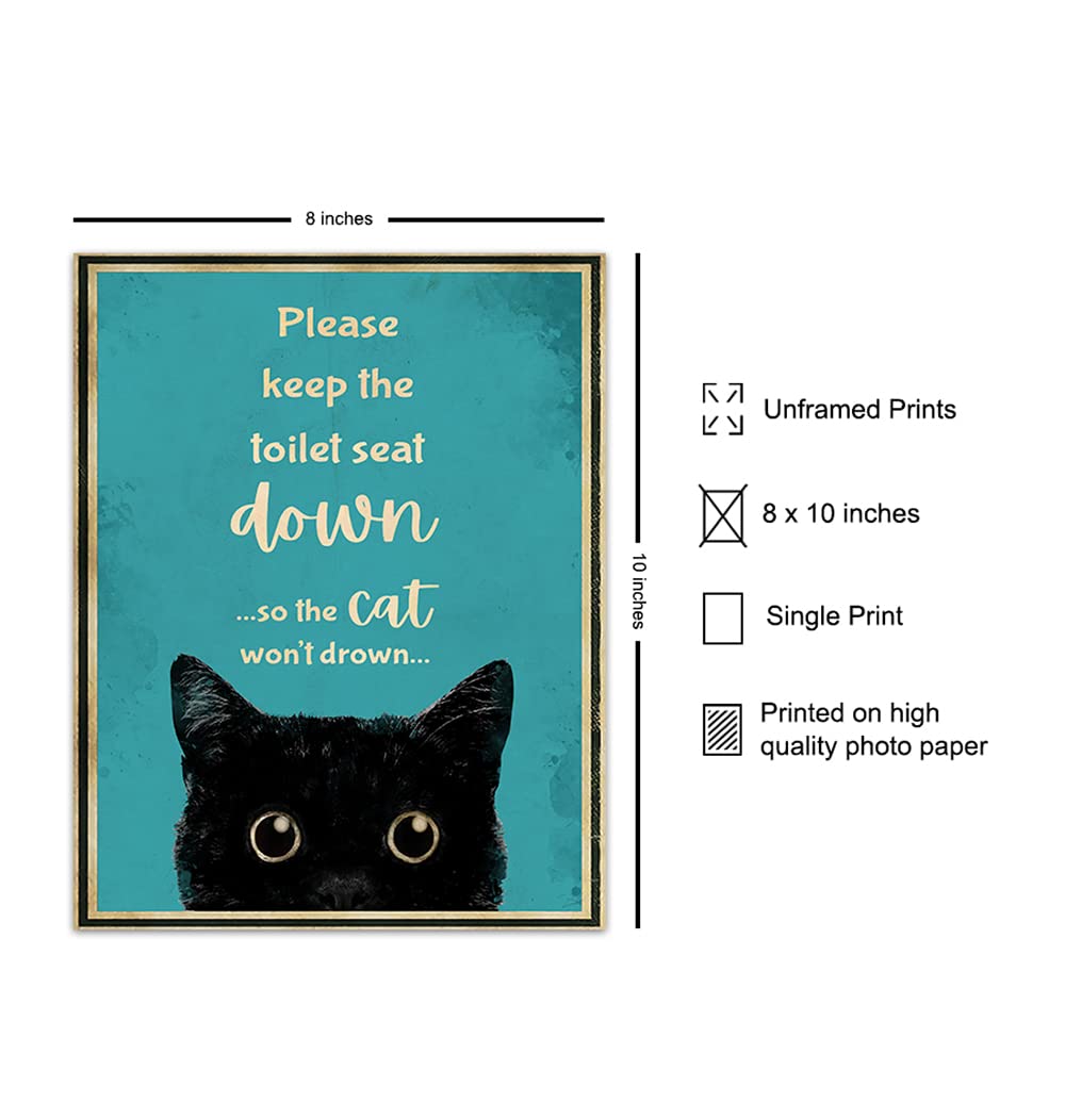 Put The Toilet Seat Down Sign - Cat Bathroom Decor - Bath Wall Decor - Funny Bathroom Wall Art - Blue Bathroom Decorations for Women, Kitty, Kitten Fan - Powder Room - Restroom Sign - Guest Bathroom