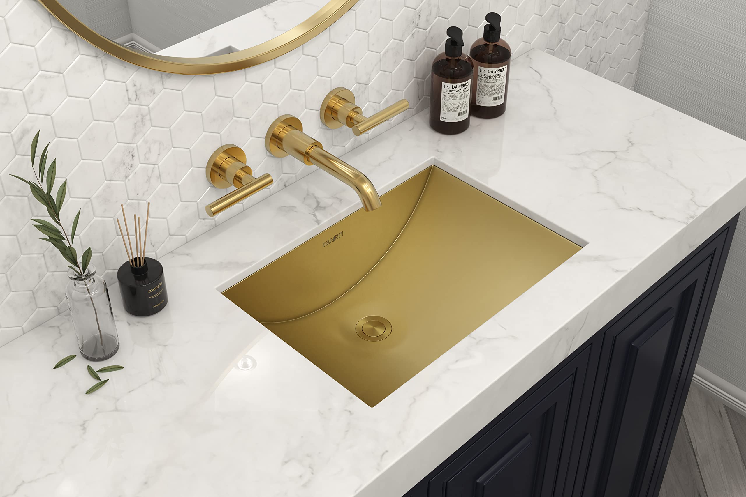 Ruvati Satin Gold Brass Tone Undermount Bathroom Sink 16 x 11 inch Stainless Steel - RVH6107GG