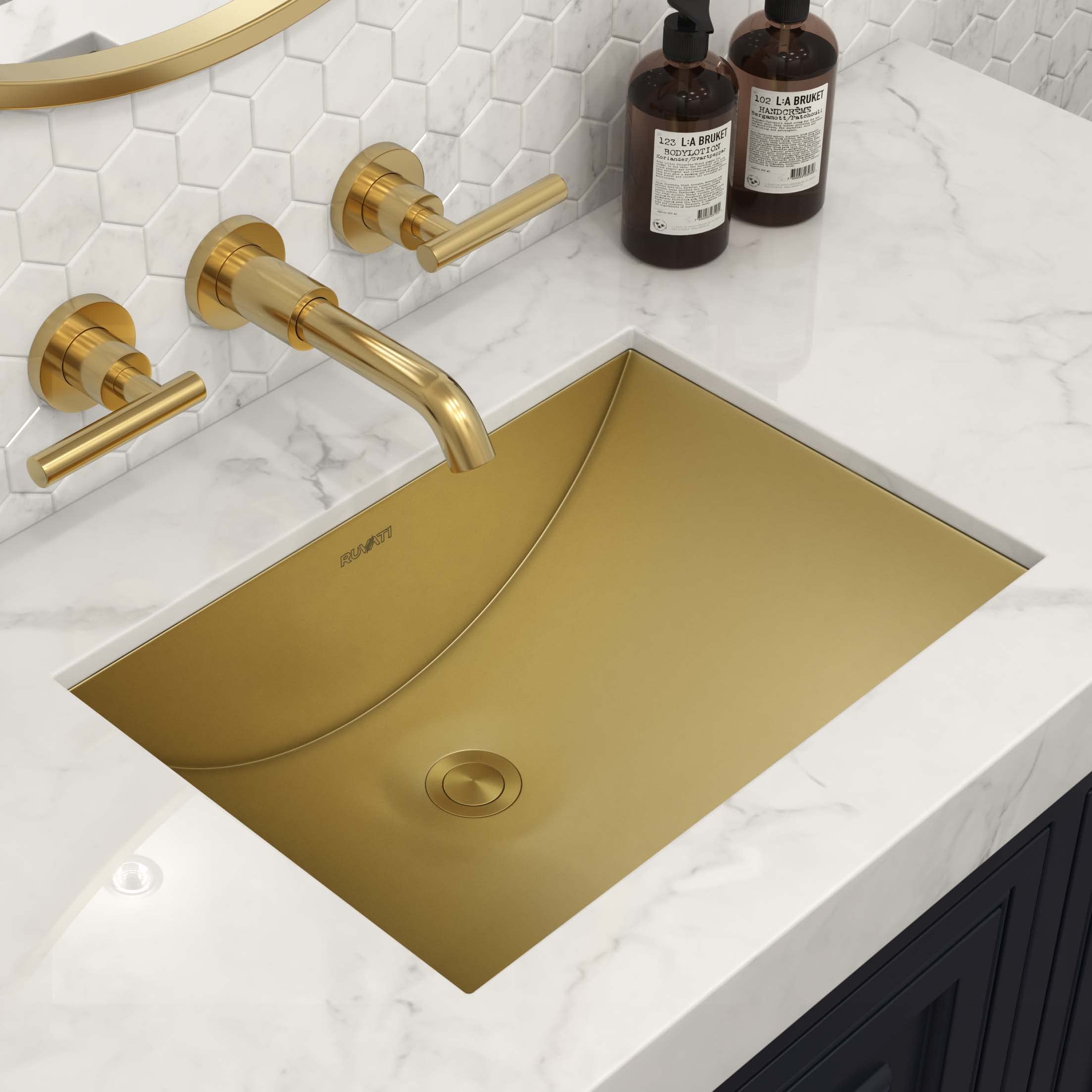 Ruvati Satin Gold Brass Tone Undermount Bathroom Sink 16 x 11 inch Stainless Steel - RVH6107GG