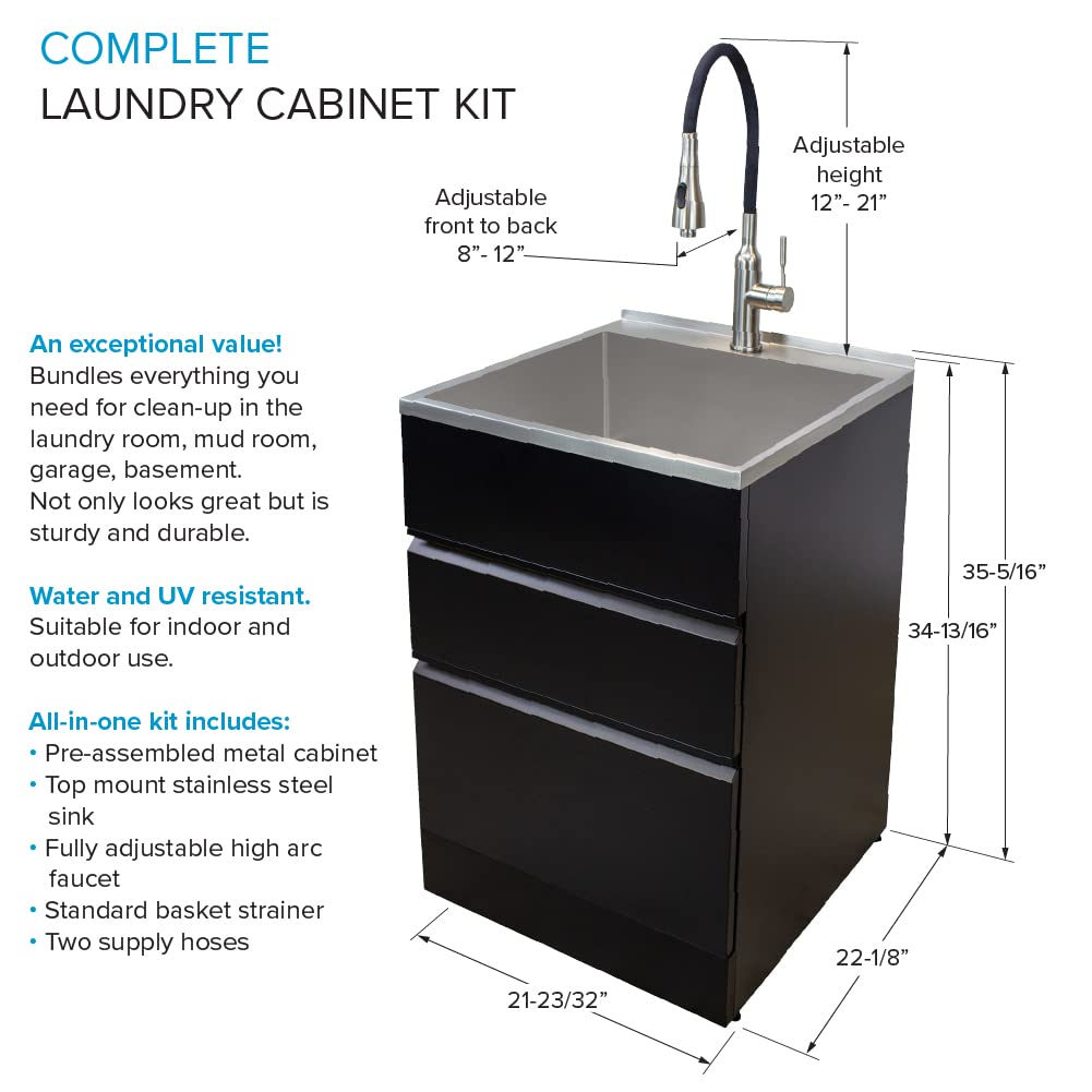 Transolid TC2D-2222-BB All-in-One 22 in. x 22 in. x 35 in. Metal Undermount Laundry/Utility Sink and Cabinet in Matte Black