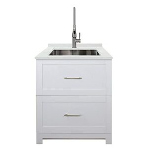 transolid tcg-3025-wc all-in-one 29 in. x 25.5 in. quartz undermount laundry/utility sink and cabinet with faucet in matte white