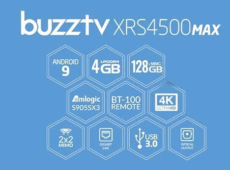 BuzzTV XRS4500 Max Android 9 4GB Ram 128GB Storage 4K Ultra HD + Extra Cell Phone Tablet Desk Stand + Extra 3 in 1 Phone Charger