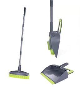 adjustable rubber push broom and dustpan set,self cleaning indoor outdoor angle brooms with dust pan for home,long handle brooms for floor sweeping, kids,carpet dog cat pets household brooms