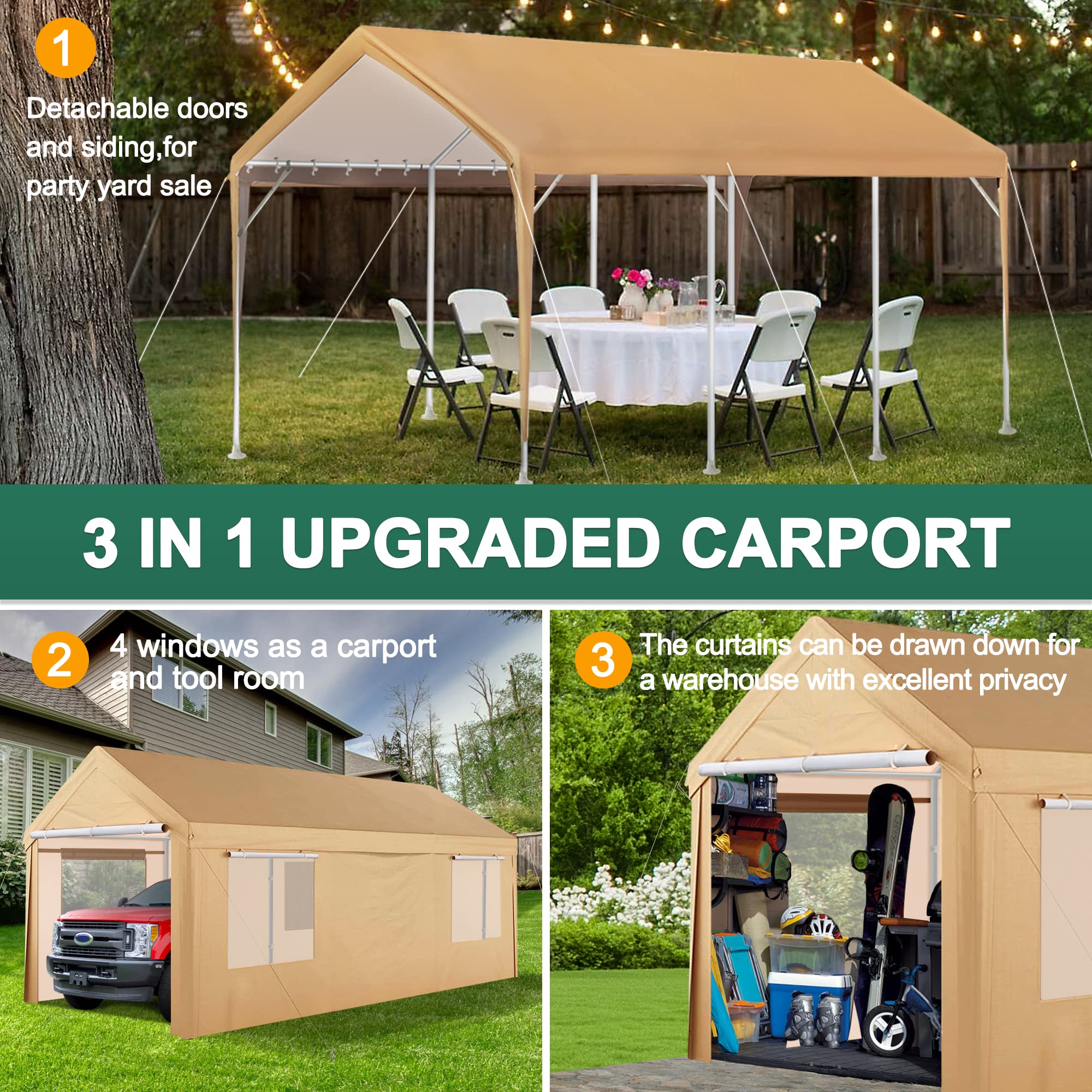 MARVOWARE 10x20ft Heavy Duty Carport with Removable Sidewalls & Doors, Rolling Curtain and Doors,Car Canopy Portable Garage for Automobile, Boat, Tools, Car Garage Tent for Market Party