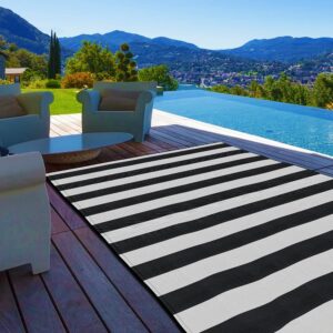 Pcinfuns Plastic Straw Rug,Patio Rugs RV Camping Rug Reversible Mat,6'x9' Large Floor Mat and Rug for Outdoor,Black and White Stripes