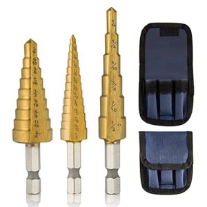 hidotol step drill bit set 3pcs, high speed steel titanium coated, double cutting blades, unibit drill bits for metal sheet, wood, plastic, total 28 sizes