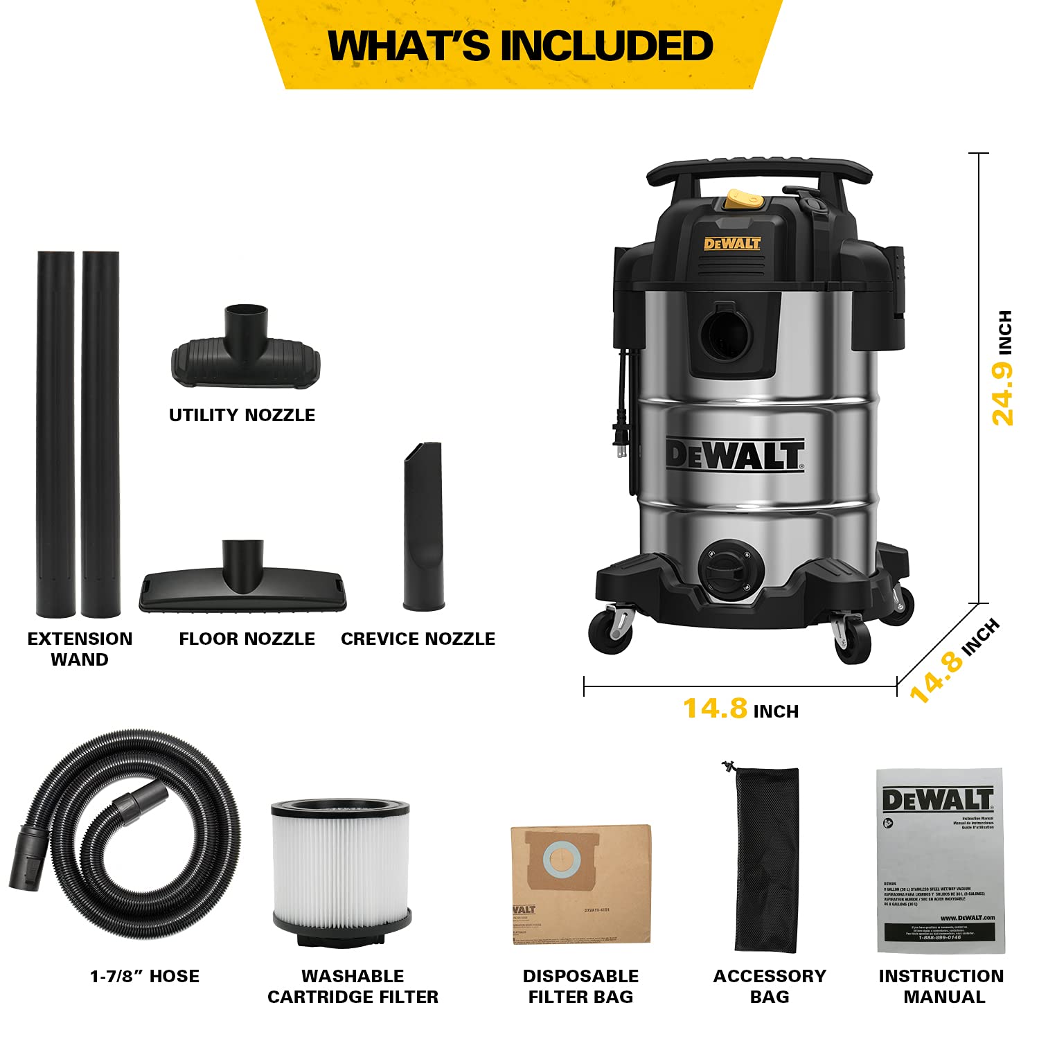 DeWalt DXV08S Wet/Dry Vacuum 8 Gallon 4 Peak HP, Stainless Steel, Silver