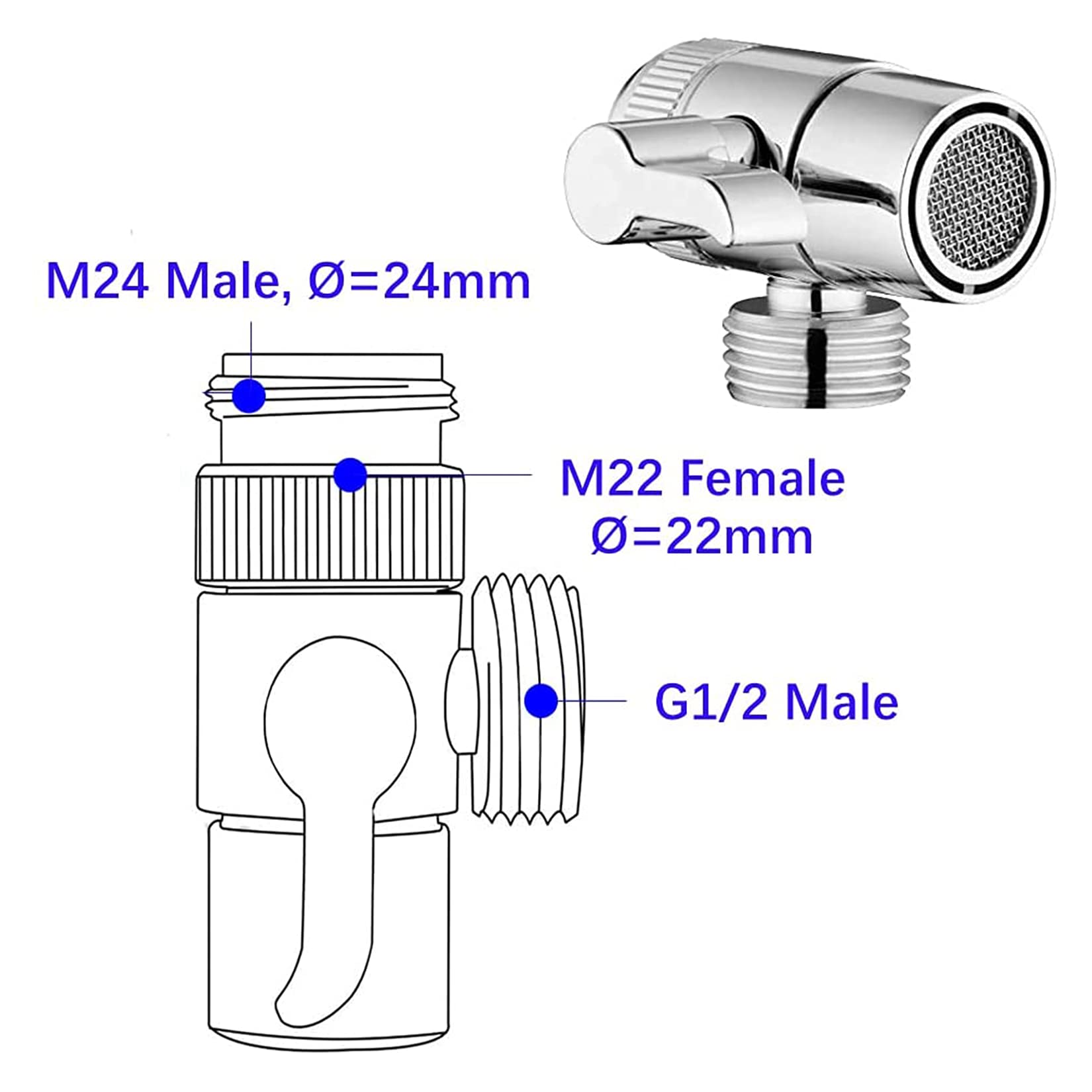 Roscid Faucet Diverter Valve with Aerator, 3-Way Diverter Valve for Hand Held Shower, Sink Faucet Splitter for Kitchen and Bathroom, with M22/M24/G1/2” Adapters