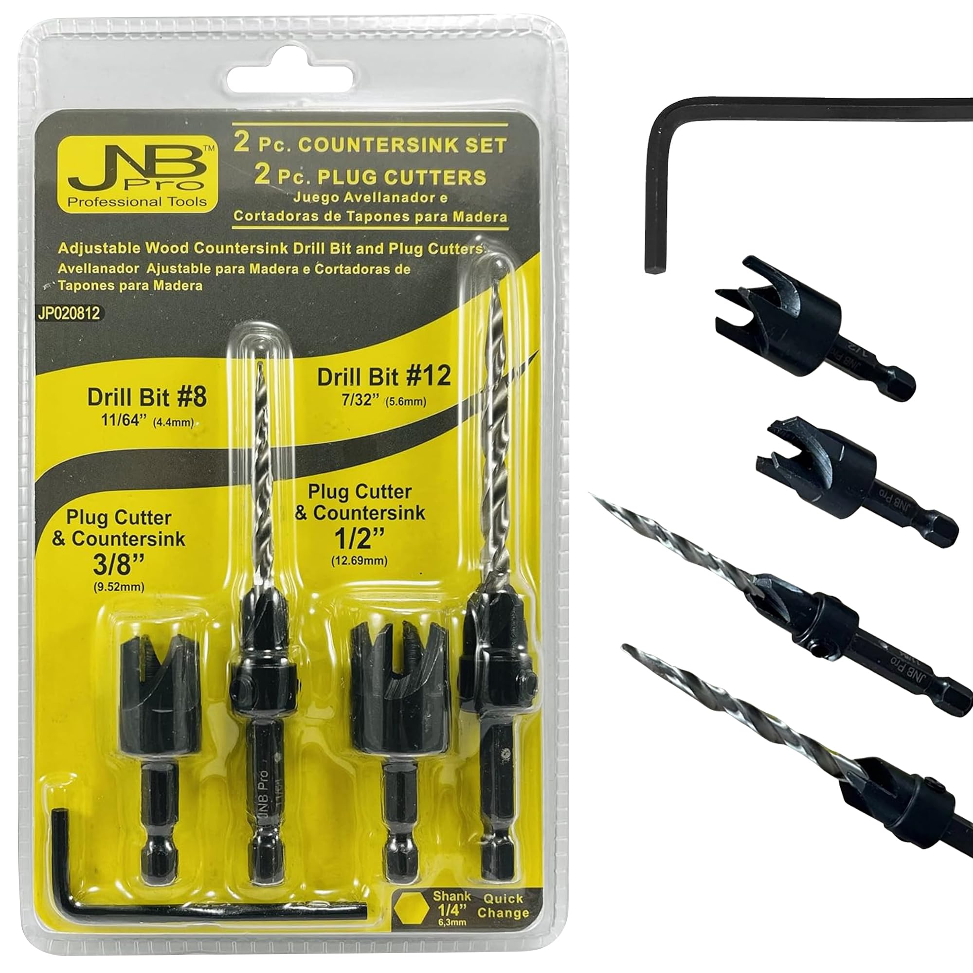 JNB Pro Wood Countersink Drill Bit Set & Wood Plug Cutters-2 Pc Adjustable Countersink Bit #8(7/64") #12(7/32") and 2 Wood Plug Cutters Dowel Cutter 3/8" & 1/2" Diameter-1 Hex Wrench-1/4" Quick Change