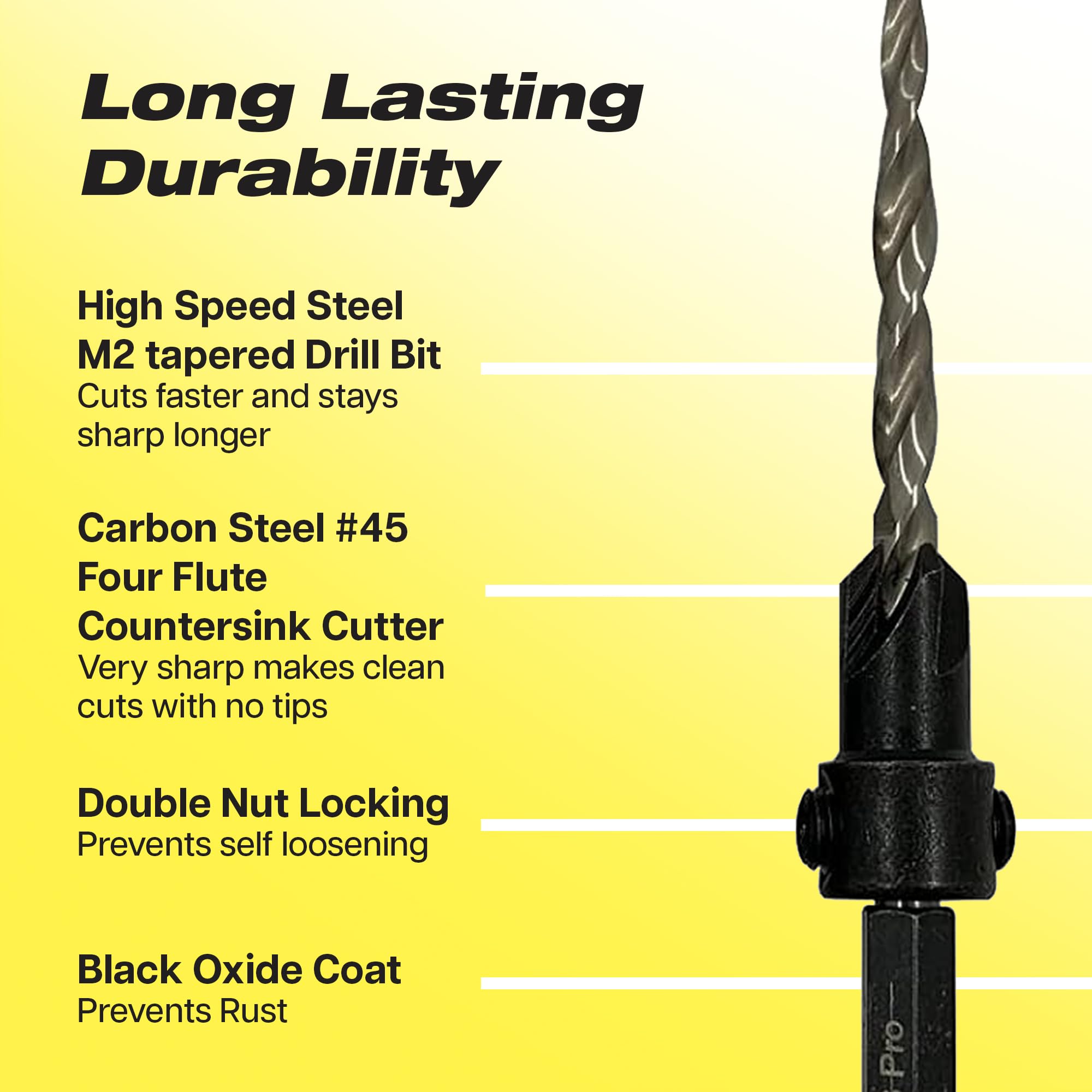 JNB Pro Wood Countersink Drill Bit Set & Wood Plug Cutters-2 Pc Adjustable Countersink Bit #8(7/64") #12(7/32") and 2 Wood Plug Cutters Dowel Cutter 3/8" & 1/2" Diameter-1 Hex Wrench-1/4" Quick Change