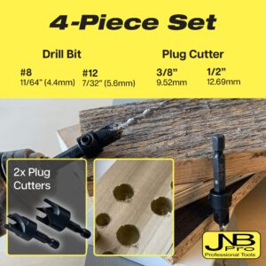 JNB Pro Wood Countersink Drill Bit Set & Wood Plug Cutters-2 Pc Adjustable Countersink Bit #8(7/64") #12(7/32") and 2 Wood Plug Cutters Dowel Cutter 3/8" & 1/2" Diameter-1 Hex Wrench-1/4" Quick Change