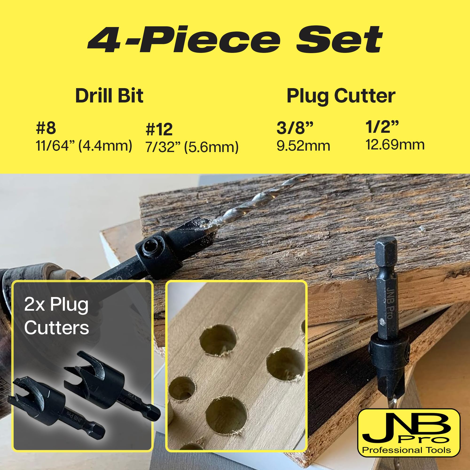 JNB Pro Wood Countersink Drill Bit Set & Wood Plug Cutters-2 Pc Adjustable Countersink Bit #8(7/64") #12(7/32") and 2 Wood Plug Cutters Dowel Cutter 3/8" & 1/2" Diameter-1 Hex Wrench-1/4" Quick Change