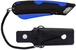 veltec ez-1000 safety box cutter utility knife, 3 blade depth setting, squeeze trigger and dual side edge guide, 2 blades, holster and lanyard (blue)