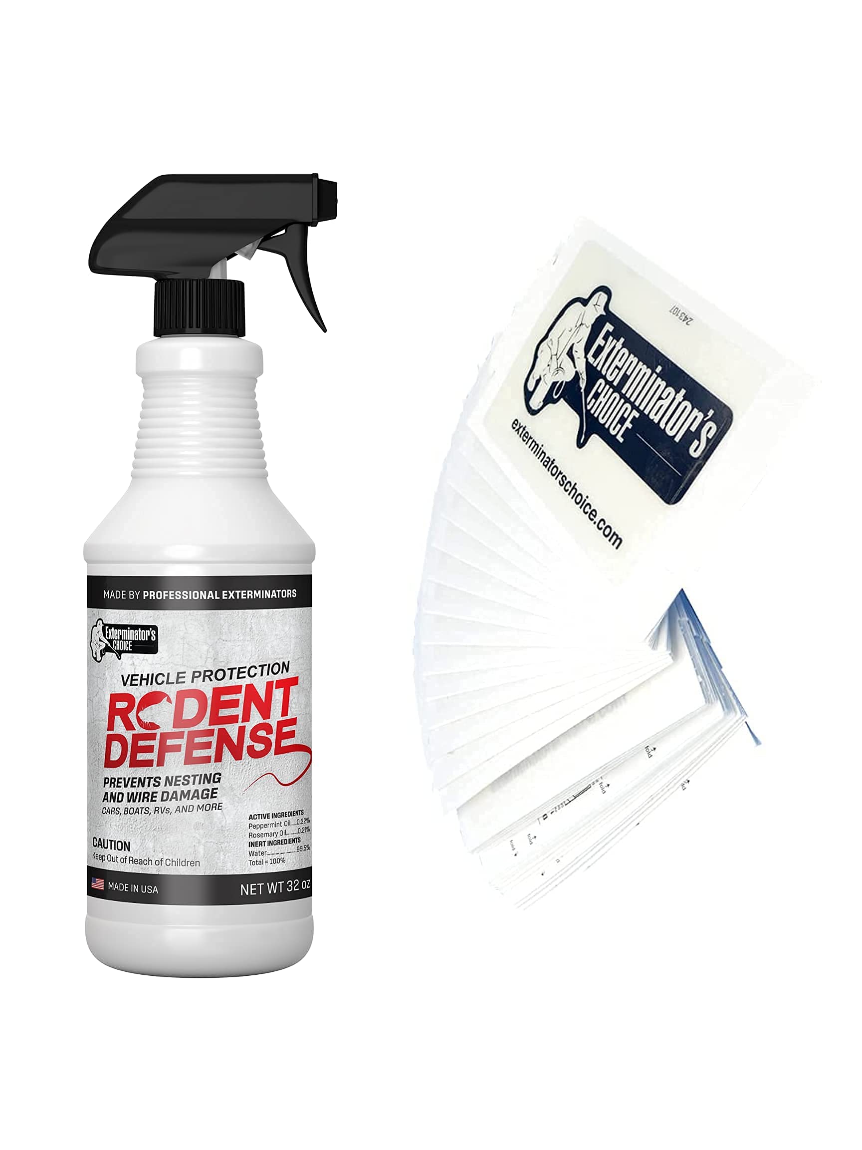 Exterminators Choice Rodent Defense Vehicle Protection Spray | 32 Ounce and 8 Large Glue Traps | Natural, Non-Toxic Mouse and Rat Repellent | Quick, Easy Pest Control for Cars and Trucks | Safe Around Kids & Pets