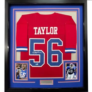 framed autographed/signed lawrence taylor 33x42 new york red football jersey jsa coa