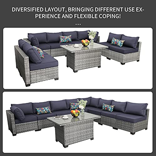 Patio Conversation Set Sectional Sofa 9 Pieces Outdoor Sectional Wicker Furniture Couch Storage Glass Table with Thicken(5") Anti-Slip Navy Blue Cushions Furniture Cover Grey PE Rattan