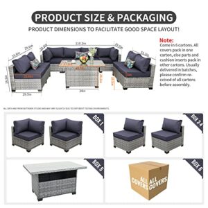 Patio Conversation Set Sectional Sofa 9 Pieces Outdoor Sectional Wicker Furniture Couch Storage Glass Table with Thicken(5") Anti-Slip Navy Blue Cushions Furniture Cover Grey PE Rattan