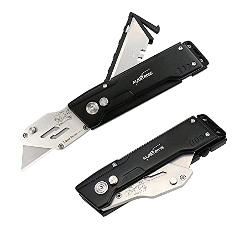 ALBATROSS UPK003 Folding Pocket Utility Knife,Quick Change Blades,Black Aluminum Handle, Blade Storage in Handle Design,5 Extra Blade Included, Used for Cartons, Cardboard and Boxes