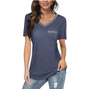 wodceeke women's short-sleeved v-neck plain t-shirt casual loose basic tee summer all-match blouse top (blue, s)