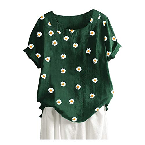 wodceeke Women's Daisy Printed Cotton and Linen T-shirt Short Sleeve Round Neck Button Tee Casual Loose Tops (Green, XXXL)