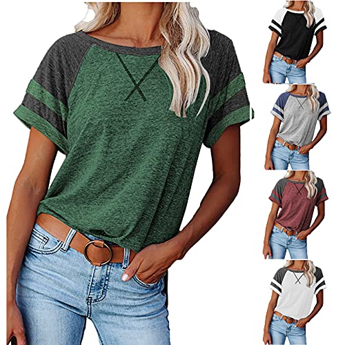 wodceeke Short-Sleeved V-Neck T-Shirt For Women Casual Loose splicing Tee Summer All-Match Basic Blouse Tops (White, XXL)