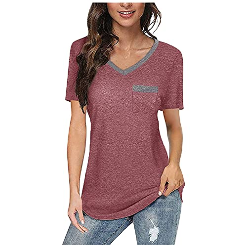 wodceeke Short-Sleeved V-Neck Plain T-Shirt For Women Casual Loose Basic Tee Summer All-Match Blouse Tops (Red, XXL)