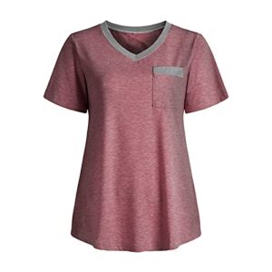 wodceeke Short-Sleeved V-Neck Plain T-Shirt For Women Casual Loose Basic Tee Summer All-Match Blouse Tops (Red, XXL)