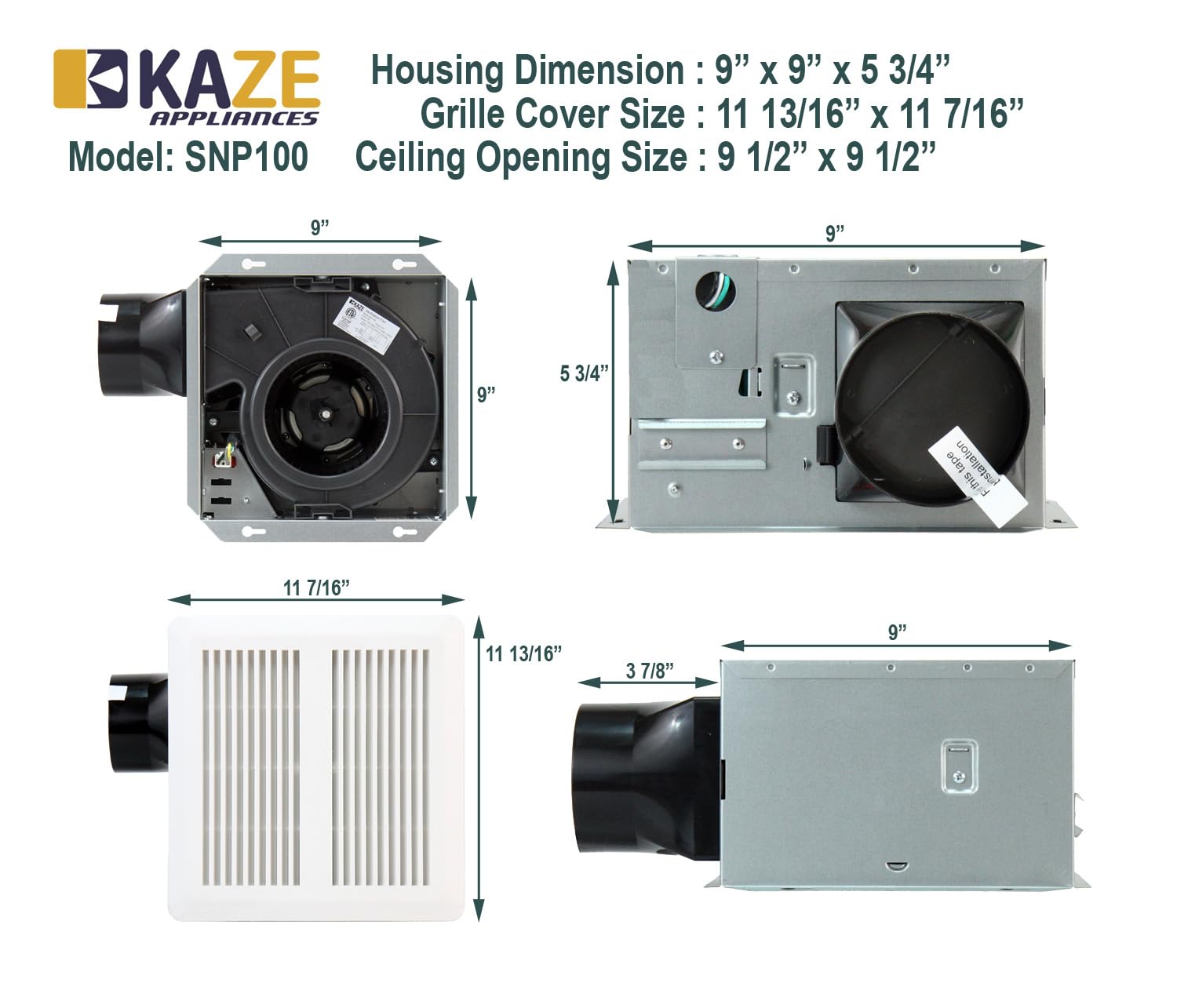 KAZE APPLIANCE SNP100 | 100 CFM | 0.8 Sone | No Attic Access Required Bathroom Ventilation Exhaust Extractor Fan