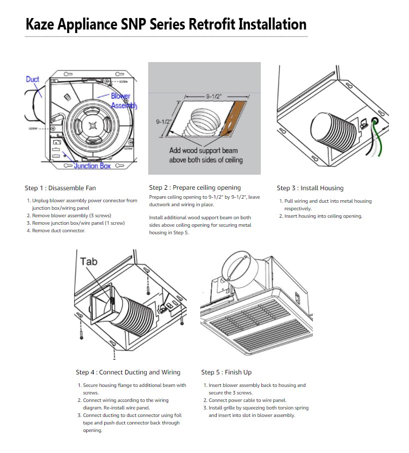 KAZE APPLIANCE SNP100 | 100 CFM | 0.8 Sone | No Attic Access Required Bathroom Ventilation Exhaust Extractor Fan