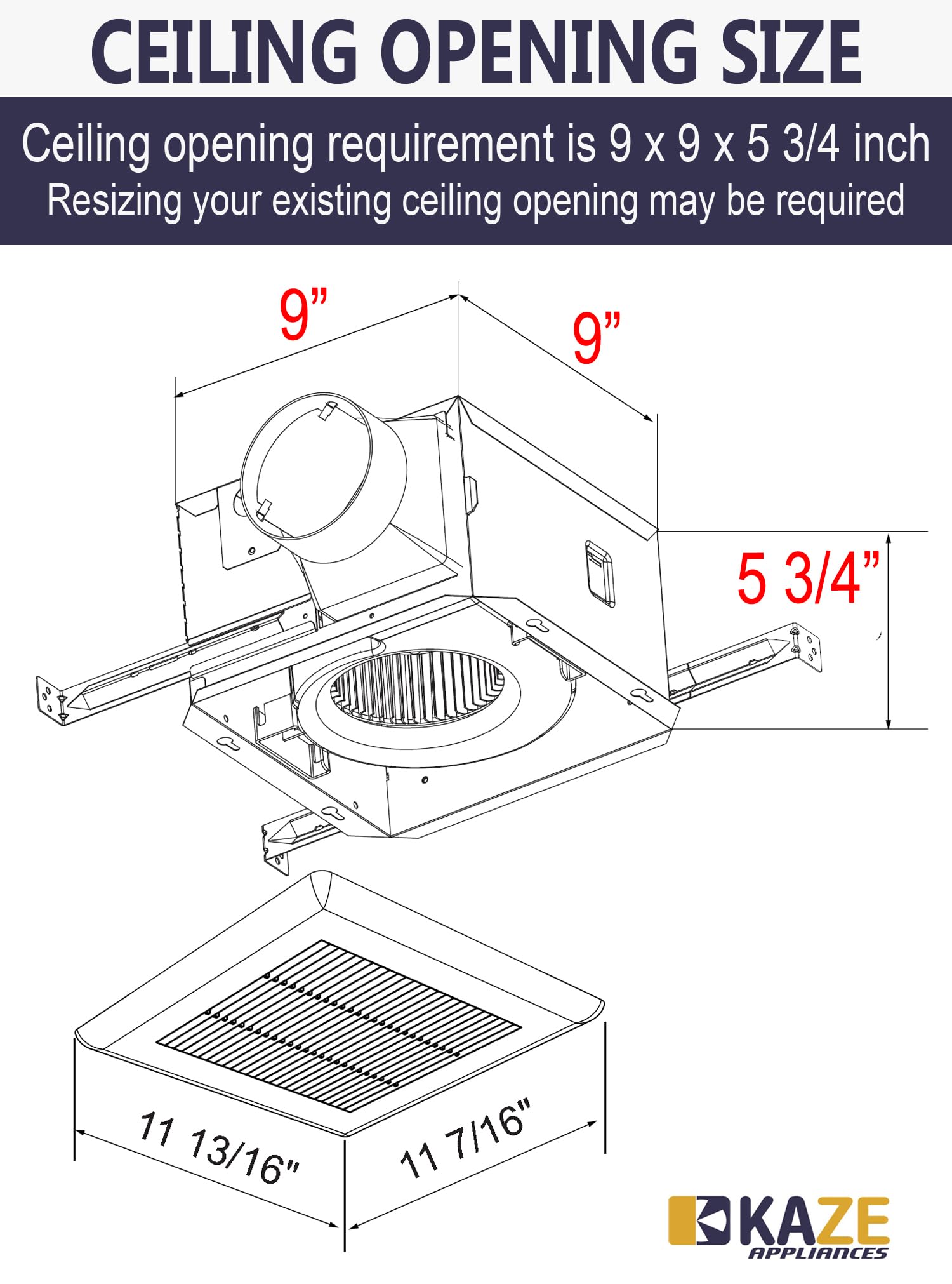 KAZE APPLIANCE SNP100 | 100 CFM | 0.8 Sone | No Attic Access Required Bathroom Ventilation Exhaust Extractor Fan