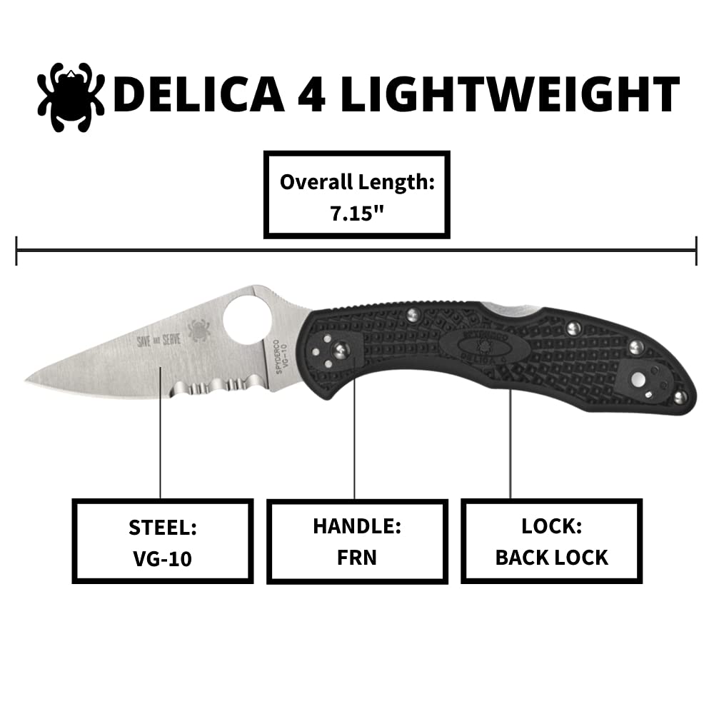 Spyderco Delica 4 Lightweight Knife with Flat Ground Steel Blade and Wildland Firefighter Foundation Black FRN Handle - CombinationEdge - C11FPSBKRD