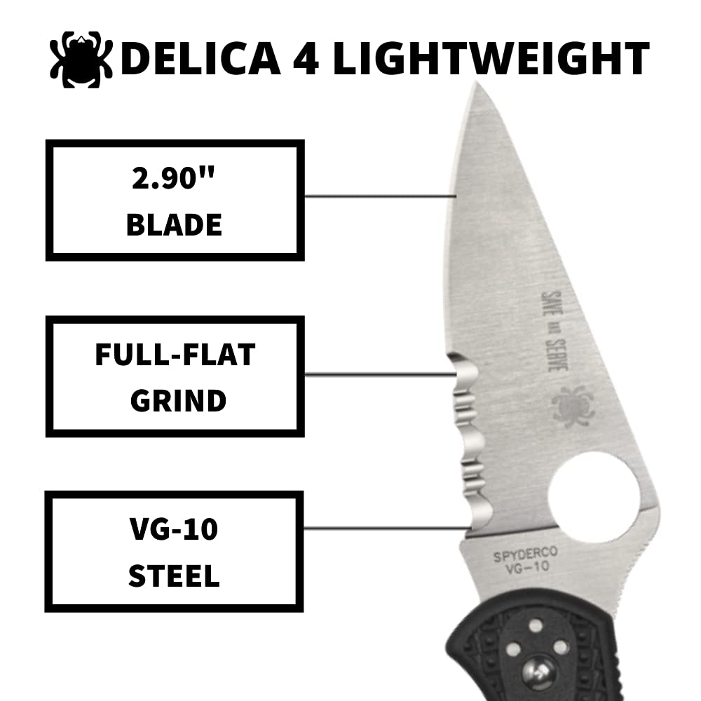 Spyderco Delica 4 Lightweight Knife with Flat Ground Steel Blade and Wildland Firefighter Foundation Black FRN Handle - CombinationEdge - C11FPSBKRD