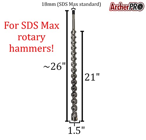 ArcherPRO 1-1/2” x 21" Inch SDS Max Drill Bit for Fast Concrete and Rock Drilling. SDS Max Rotary Hammer Drill bits with Carbide tip for Concrete and Stone. Perfect for use with Dexpan.