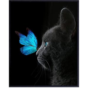 Cat Wall Decor - Butterfly Wall Decor - Blue Butterfly - Black Cat - Cat Gifts for Women - Cute Cat Poster - Cat Posters for Girls Bedroom - Cat Lover Gifts - Cat Wall Art - Butterfly Wall Art