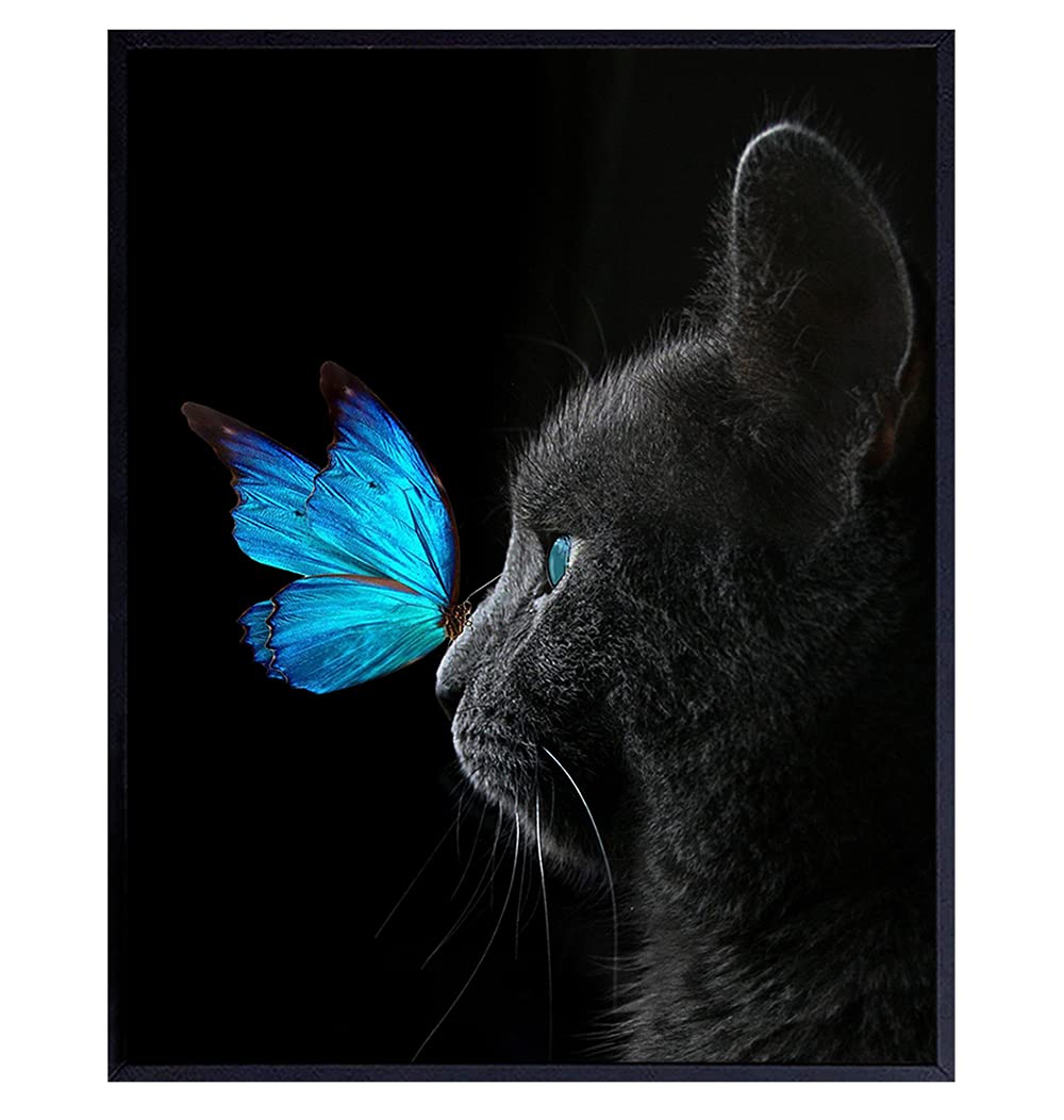 Cat Wall Decor - Butterfly Wall Decor - Blue Butterfly - Black Cat - Cat Gifts for Women - Cute Cat Poster - Cat Posters for Girls Bedroom - Cat Lover Gifts - Cat Wall Art - Butterfly Wall Art