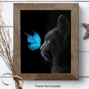 Cat Wall Decor - Butterfly Wall Decor - Blue Butterfly - Black Cat - Cat Gifts for Women - Cute Cat Poster - Cat Posters for Girls Bedroom - Cat Lover Gifts - Cat Wall Art - Butterfly Wall Art