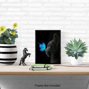 Cat Wall Decor - Butterfly Wall Decor - Blue Butterfly - Black Cat - Cat Gifts for Women - Cute Cat Poster - Cat Posters for Girls Bedroom - Cat Lover Gifts - Cat Wall Art - Butterfly Wall Art