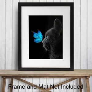 Cat Wall Decor - Butterfly Wall Decor - Blue Butterfly - Black Cat - Cat Gifts for Women - Cute Cat Poster - Cat Posters for Girls Bedroom - Cat Lover Gifts - Cat Wall Art - Butterfly Wall Art