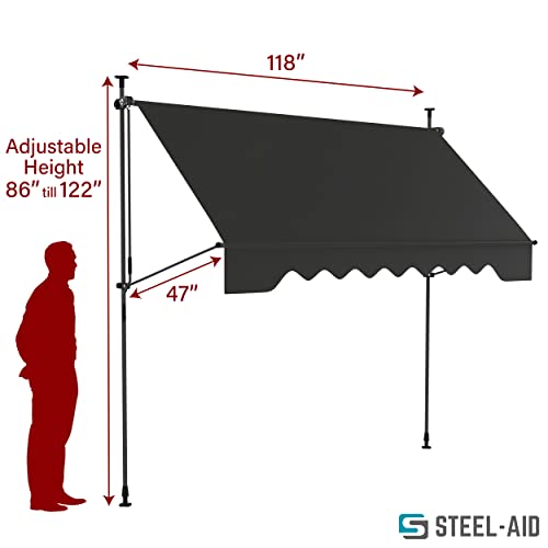 STEELAID Manual Retractable Awning – 118” Non-Screw Outdoor Sun Shade – Adjustable Pergola Shade Cover with UV Protection – 100% Polyester Made Outdoor Canopy – Ideal for Any Window or Door